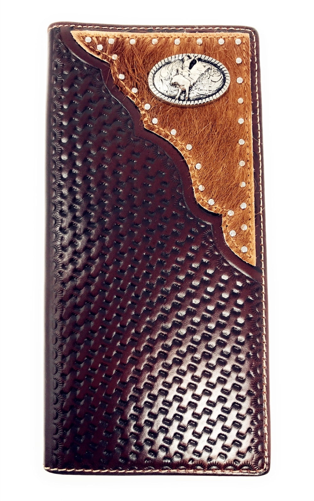Premium Western Genuine Woven Leather Cow Fur Rodeo Mens Bifold Wallet ...