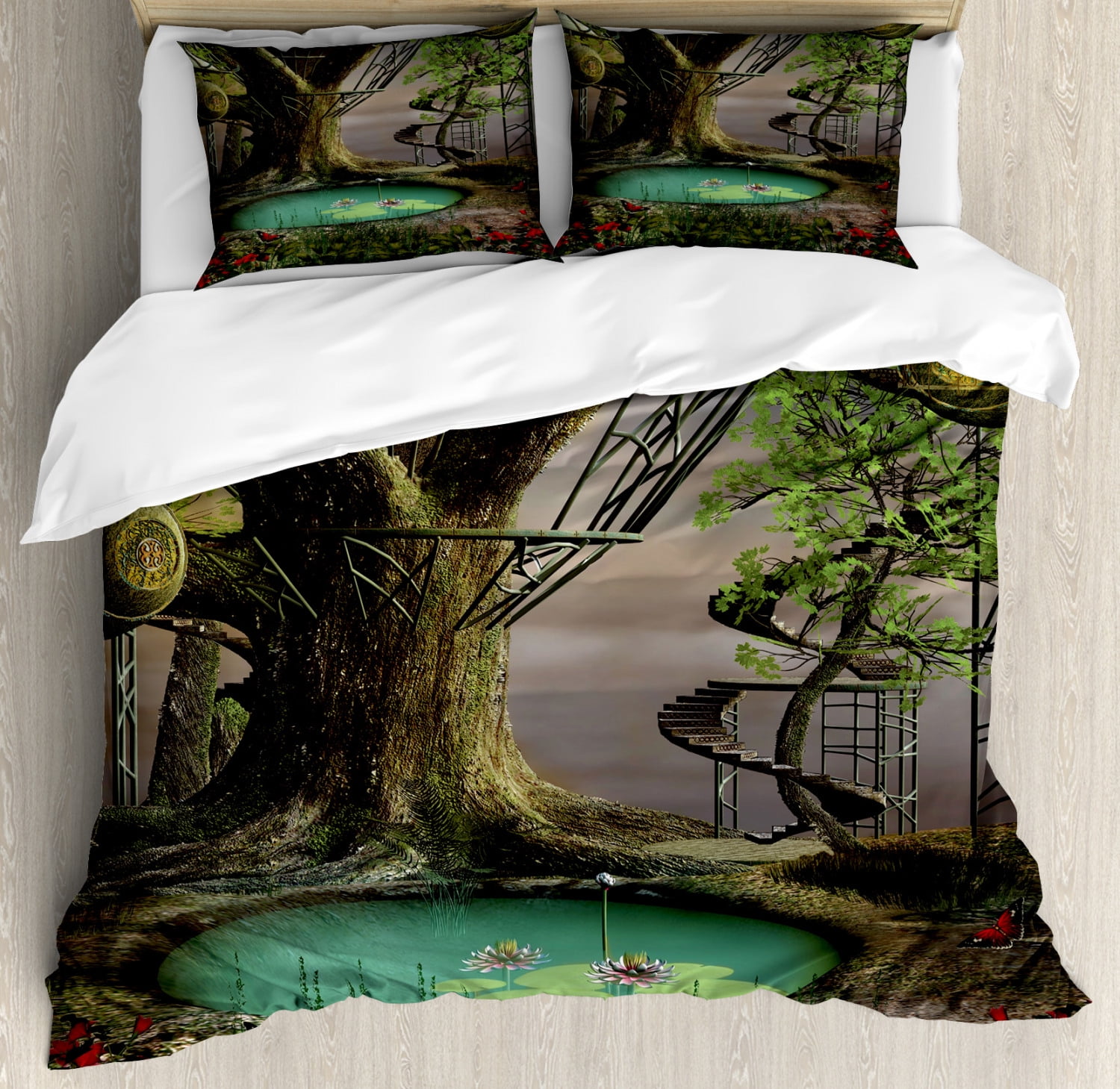 Tree Duvet Cover Set Queen Size, Realistic Illustration of Enchanted ...