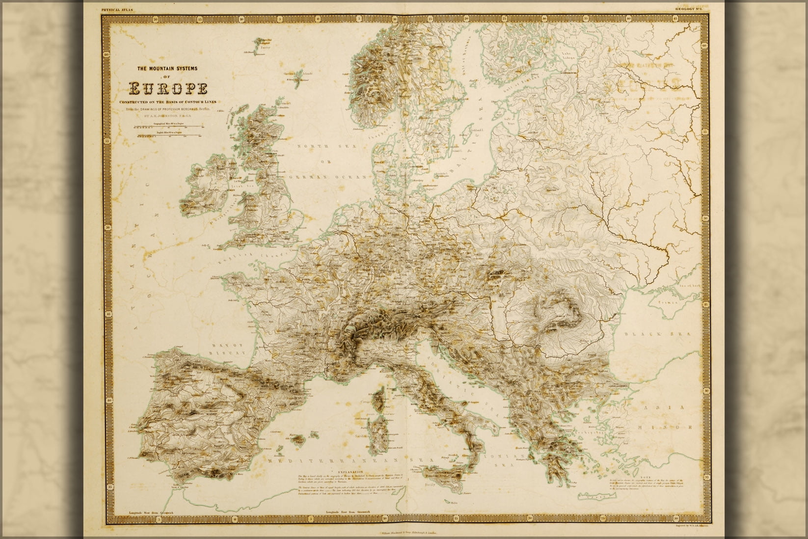 24"x36" Gallery Poster, map of Mountain Systems in Europe 1848 ...