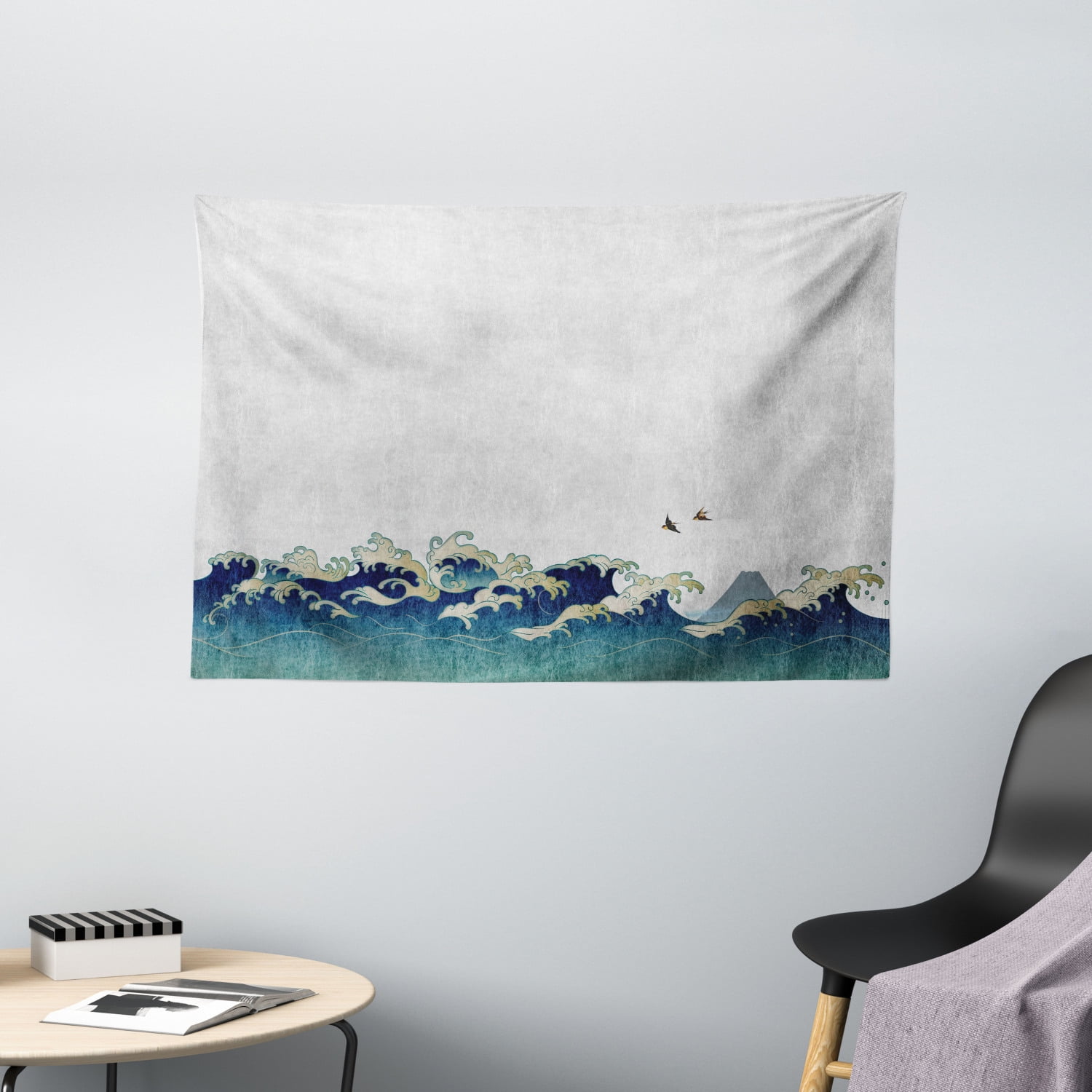 Japanese Wave Tapestry, Aquatic Swirls Flying Birds of Ocean Ukiyo-e ...