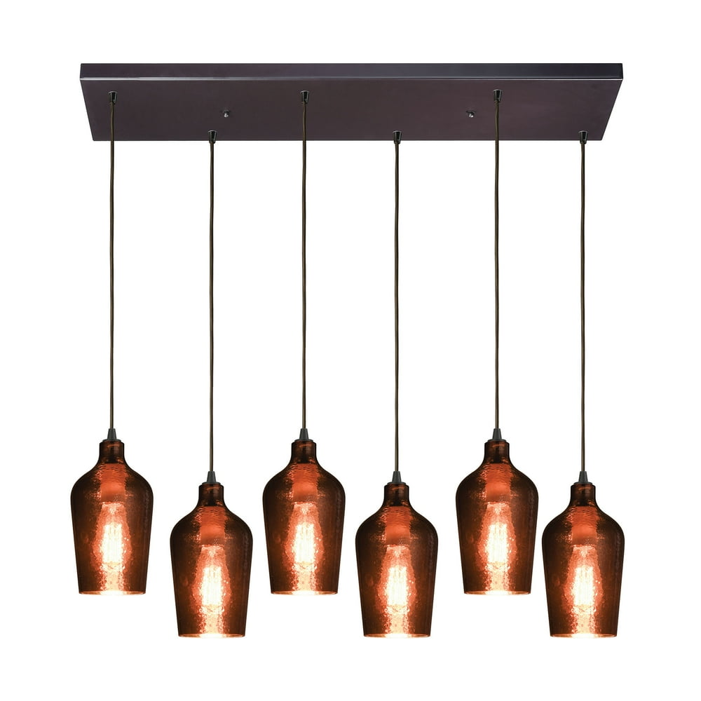 Hammered Glass 6 Light Rectangular Pendant Fixture In Oiled Bronze With Copper Plated Hammered