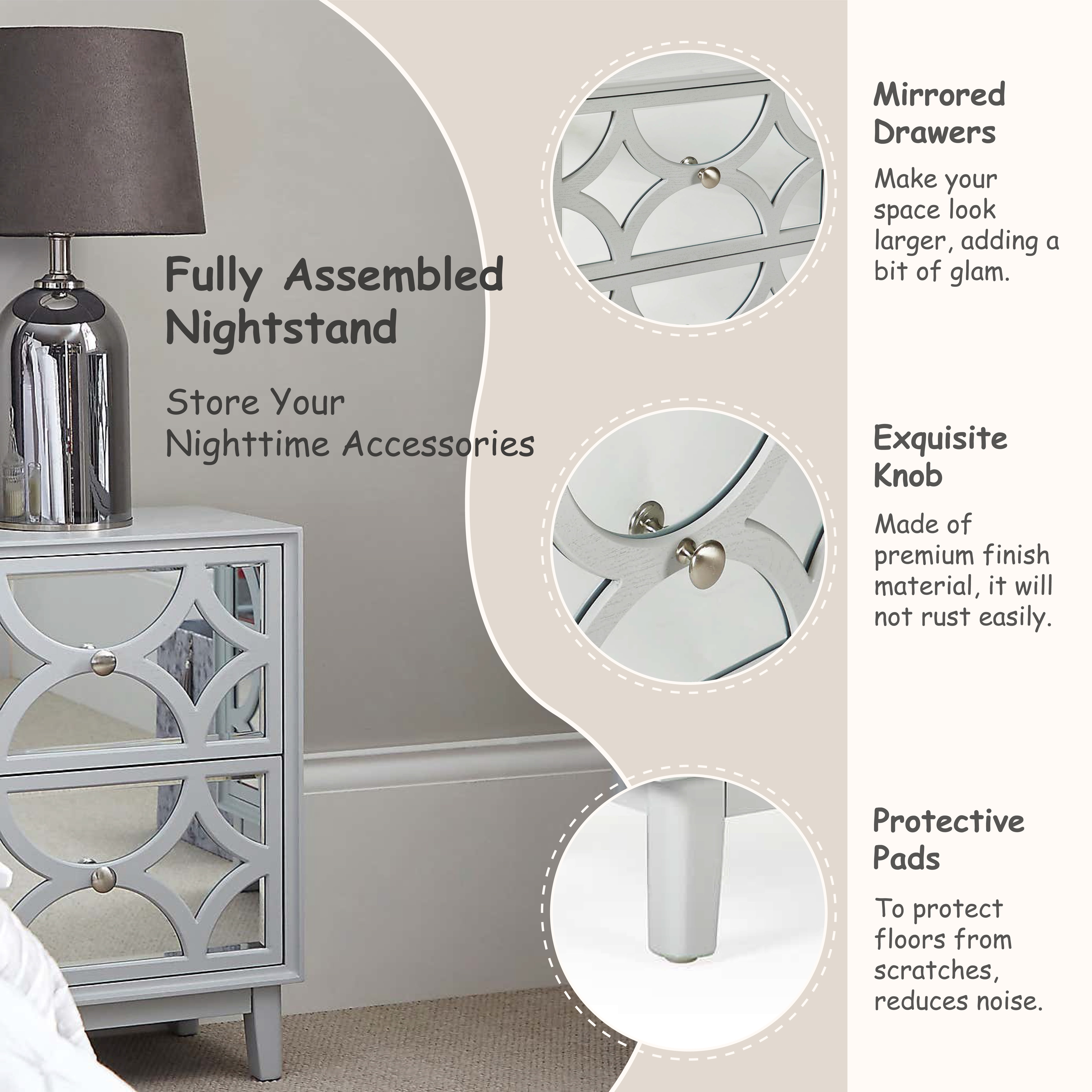 COZAYH Modern Clean Lined Nightstand Double Mirror Front Drawers Geometric Overlays Side Table Sofa End Table