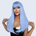 22 Inch Blue Long Straight Synthetic Wig With Bangs For Daily Wear And ...