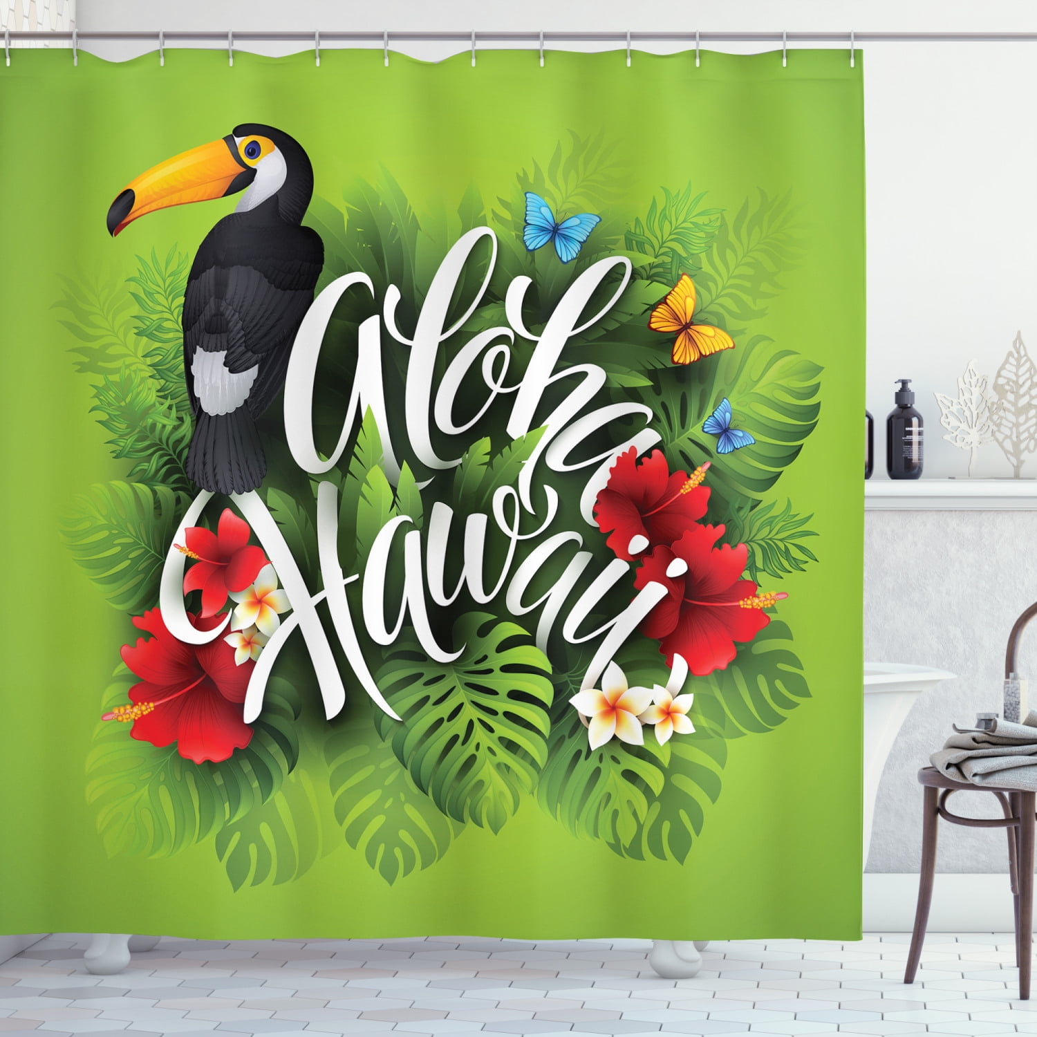 Aloha Shower Curtain, Hawaiian Cursive Lettering with Butterflies ...