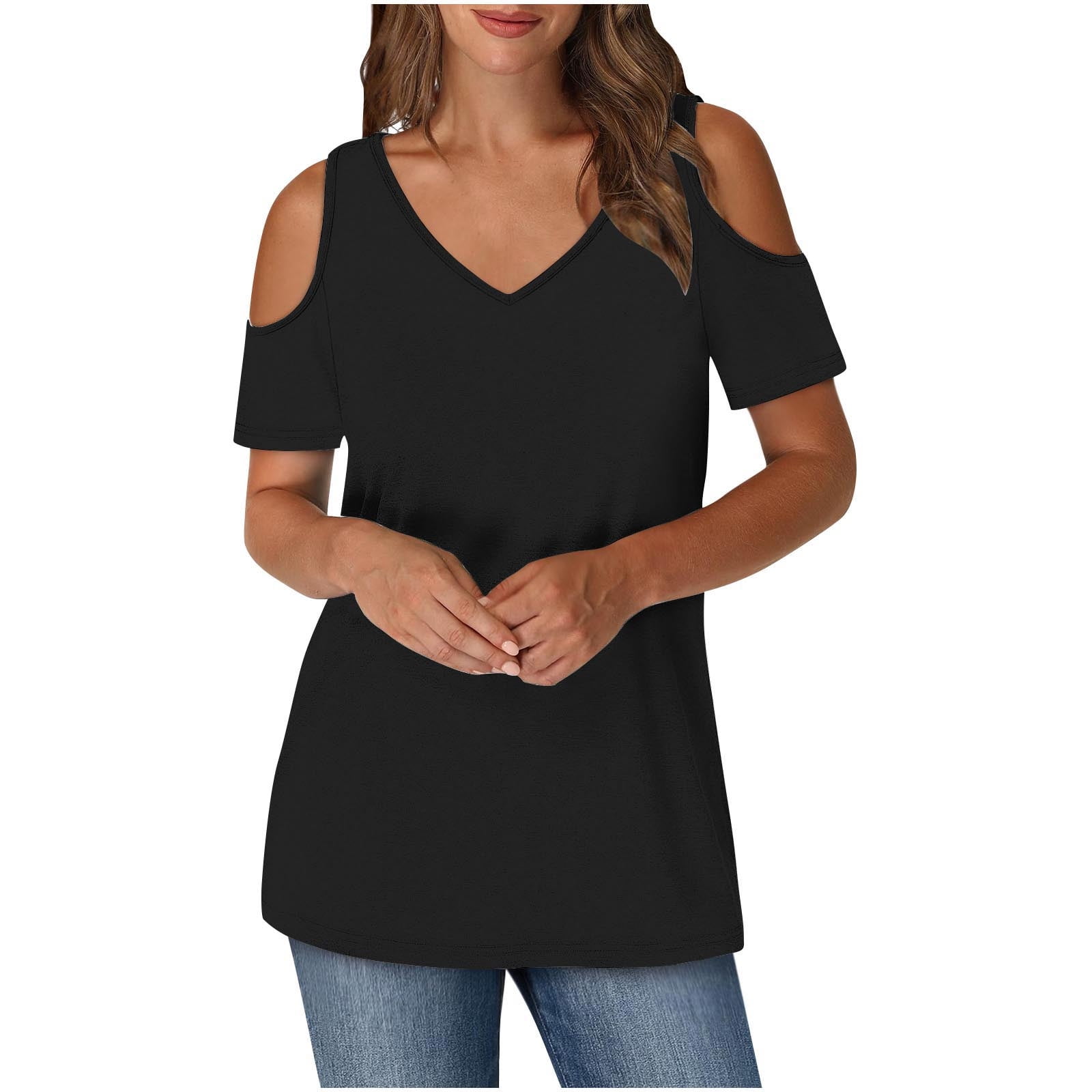 Click here for Timegard Womens Top Cold Shoulder V Neck Short Sle... prices