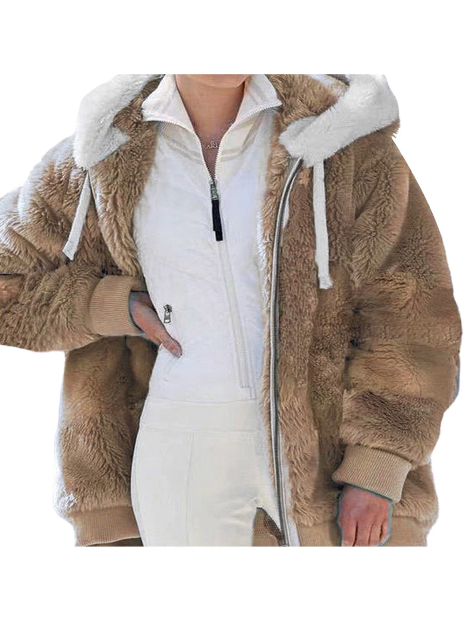 Grianlook Womens Fluffy Warm Plush Coat Zipper Hooded Outerwear Ladies ...