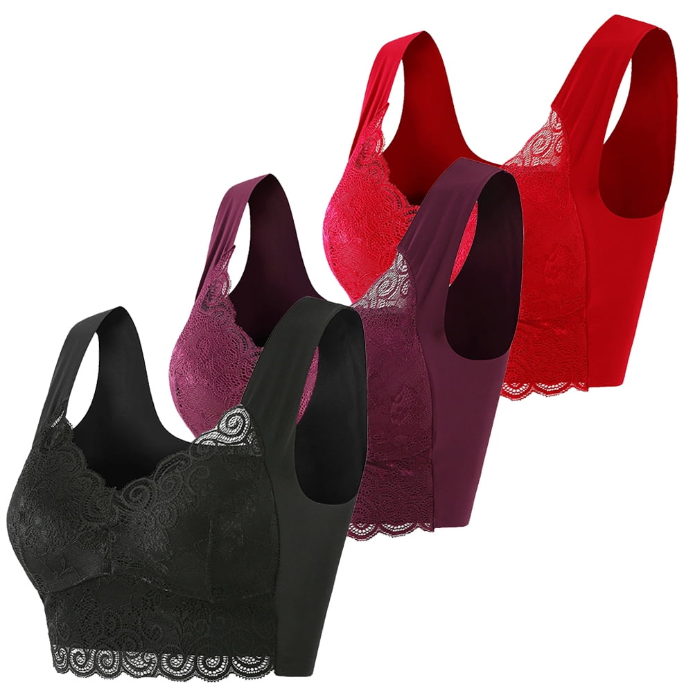 Valcatch 3 Pack Women's Seamless Floral Lace Bra Thin Wirefree Push up Vest Style Underwear Back ...