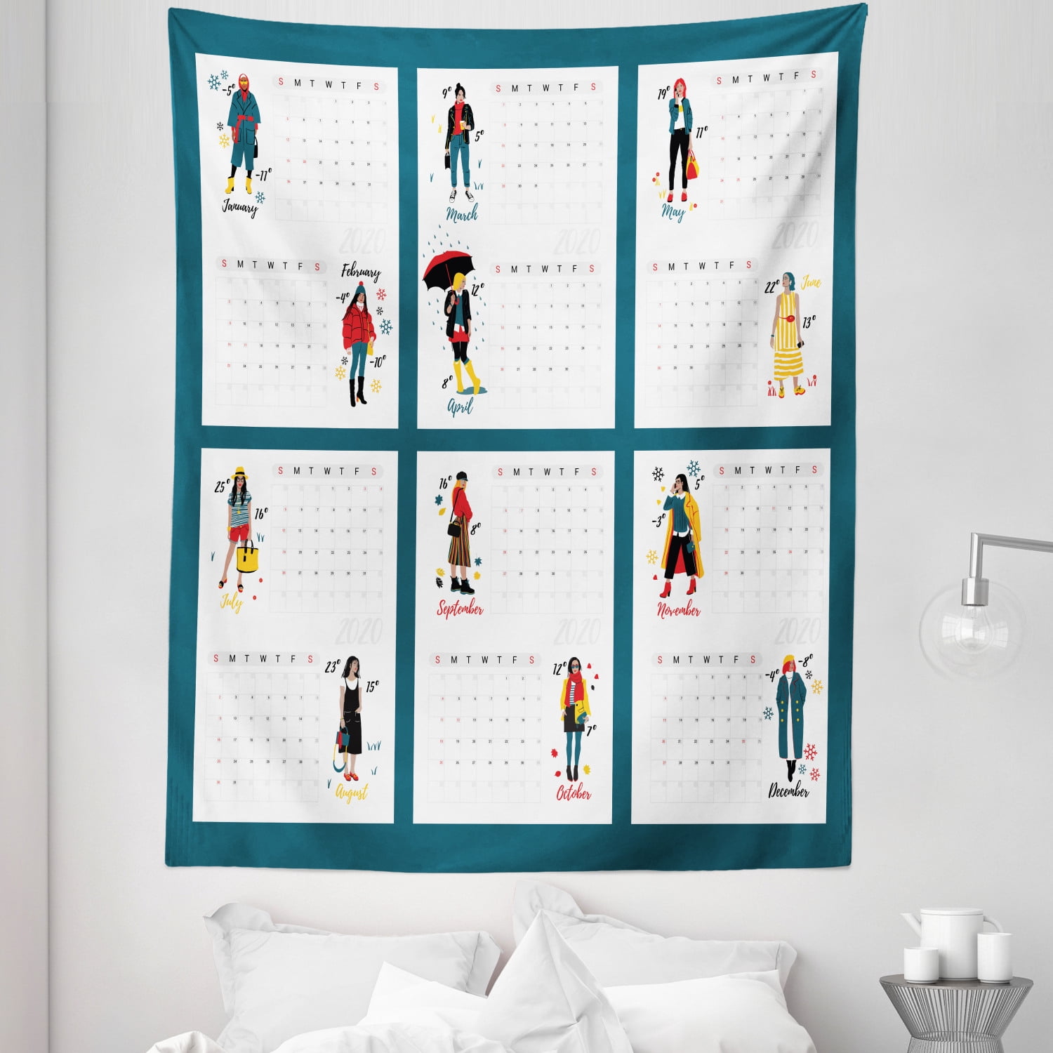 Calendar 2020 Tapestry, Modern Design Year Plan 12 Young Lady in ...