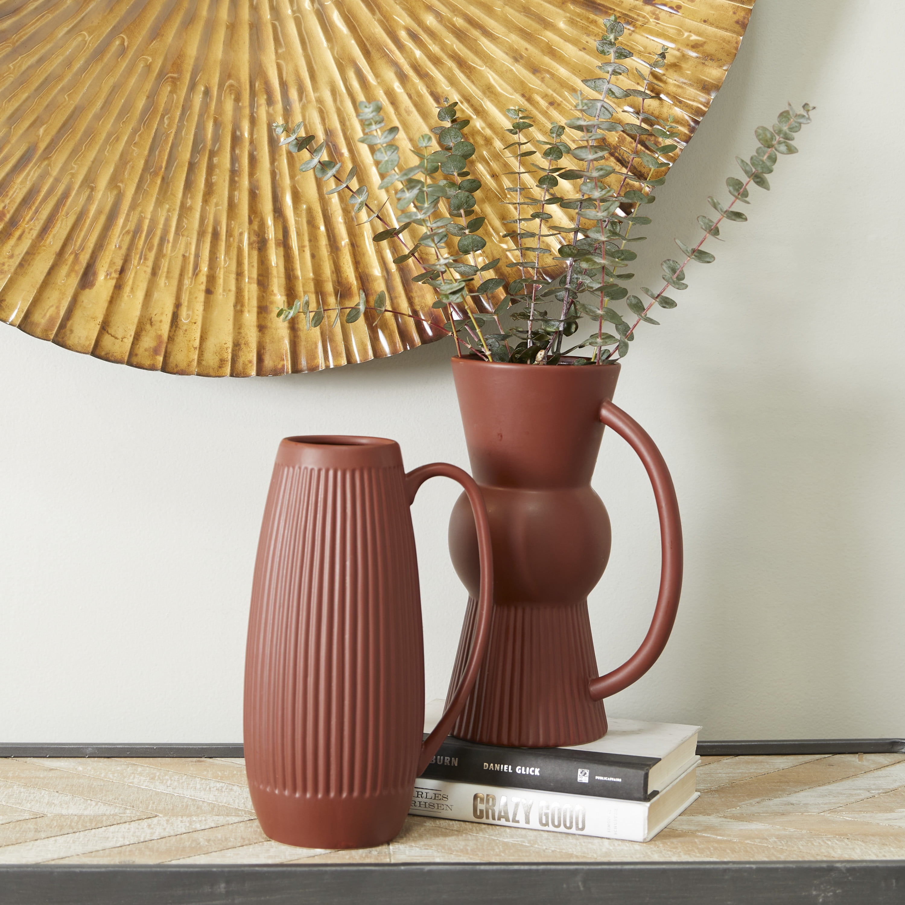 The Novogratz 7"W, 12"H Ribbed Red Ceramic Vase with Handles, Set of 2 ...