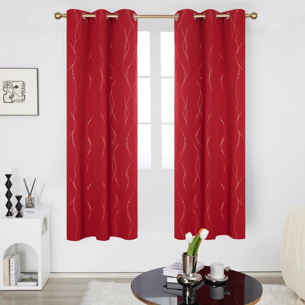 Deconovo Red Blackout Curtains and Drapes Wave Line with Dots Gold ...