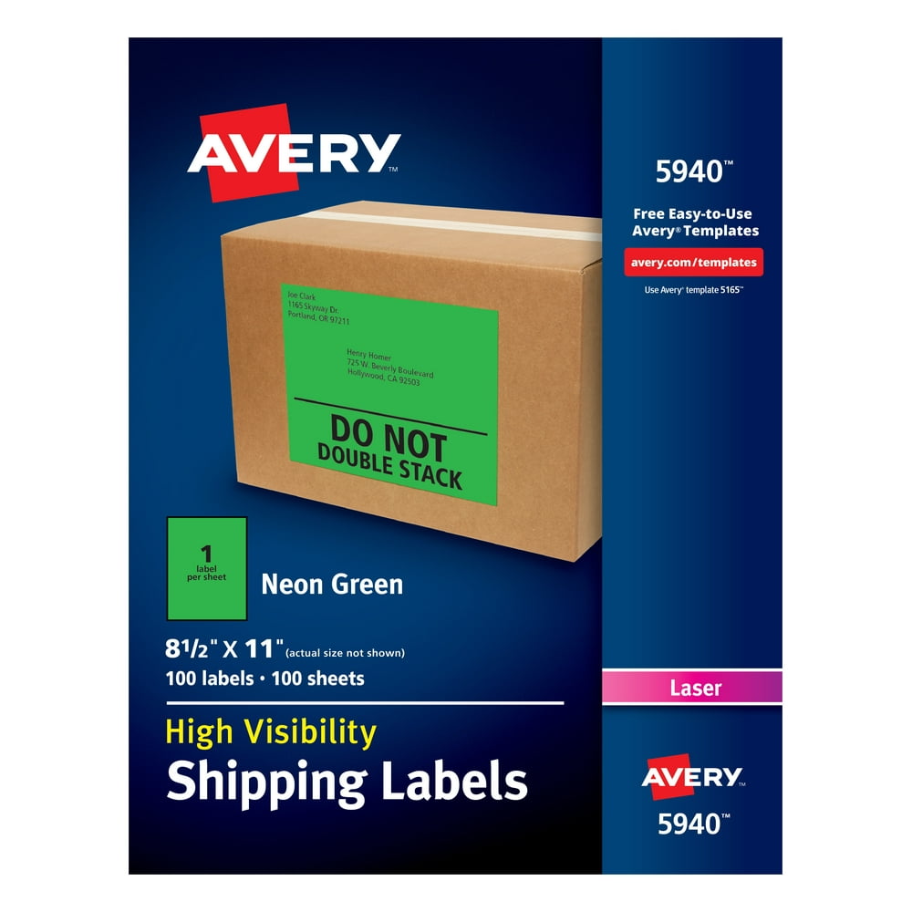 Avery Neon Shipping Labels for Laser Printers, 8-1/2" x 11", 100 Neon ...