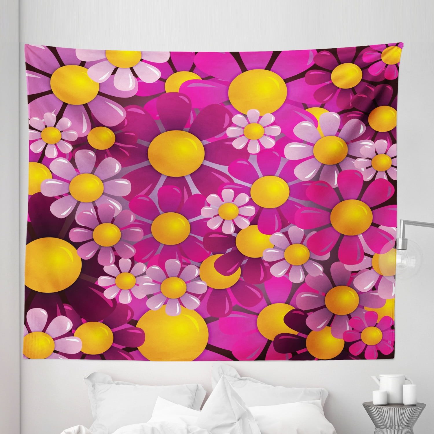 Summer Tapestry, Flowers Cartoon Summer Garden Happy Cheering Flourish ...