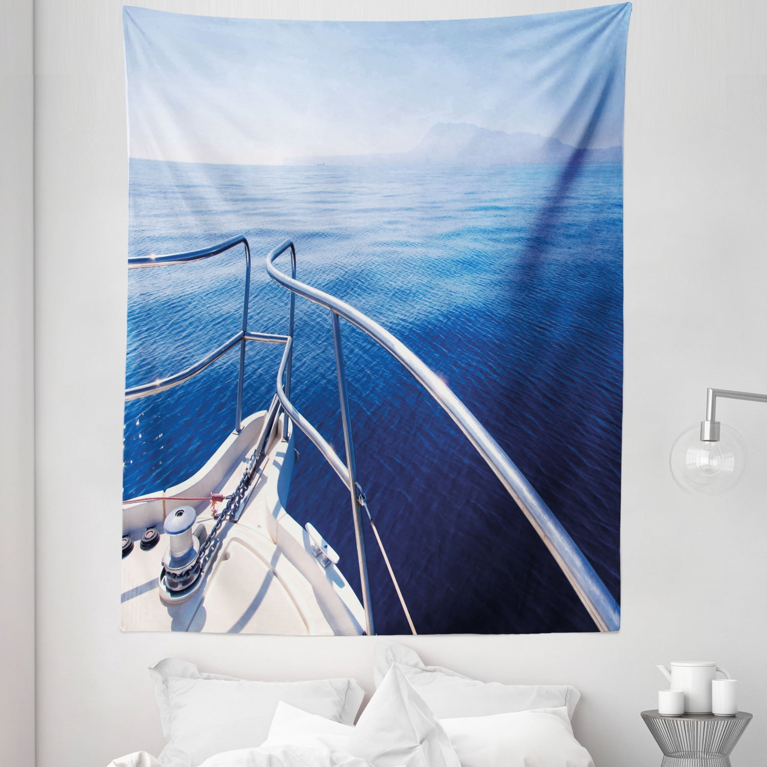 Navy Tapestry, Boat Show Ocean Sea Life with Ship Yacht Landscape of ...