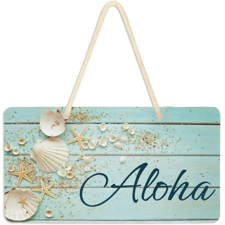 Aloha Door Sign Plaque with Rope, Wooden Seashell Hanging Sign Wall Art ...