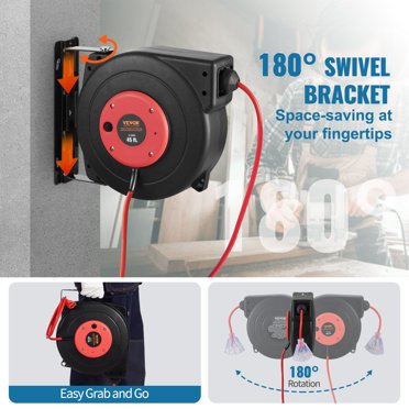 50FT Retractable Extension Cord Reel with 3 Outlets, 14/3 SJTOW Heavy ...