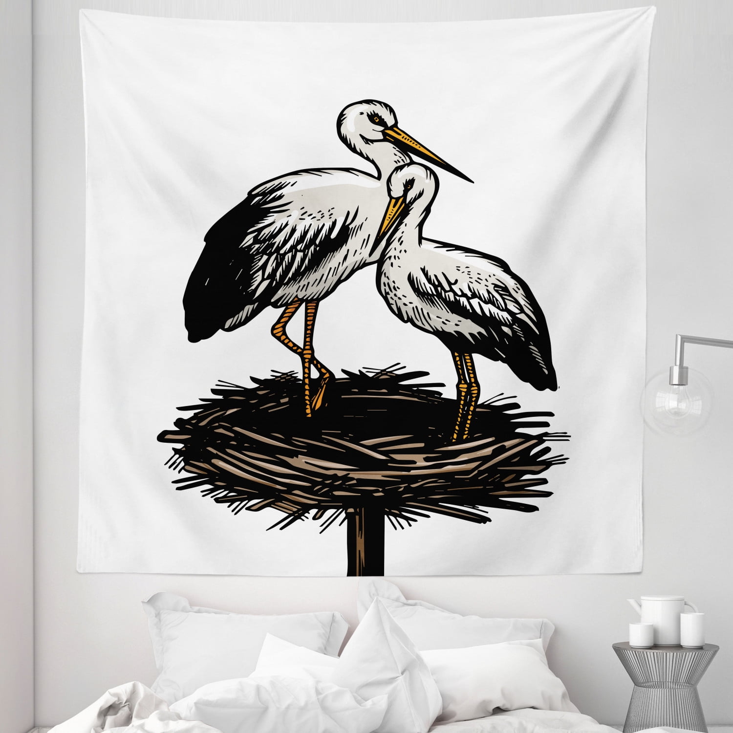 Birds Nest Tapestry, Storks Family Sketch Illustration on Plain ...
