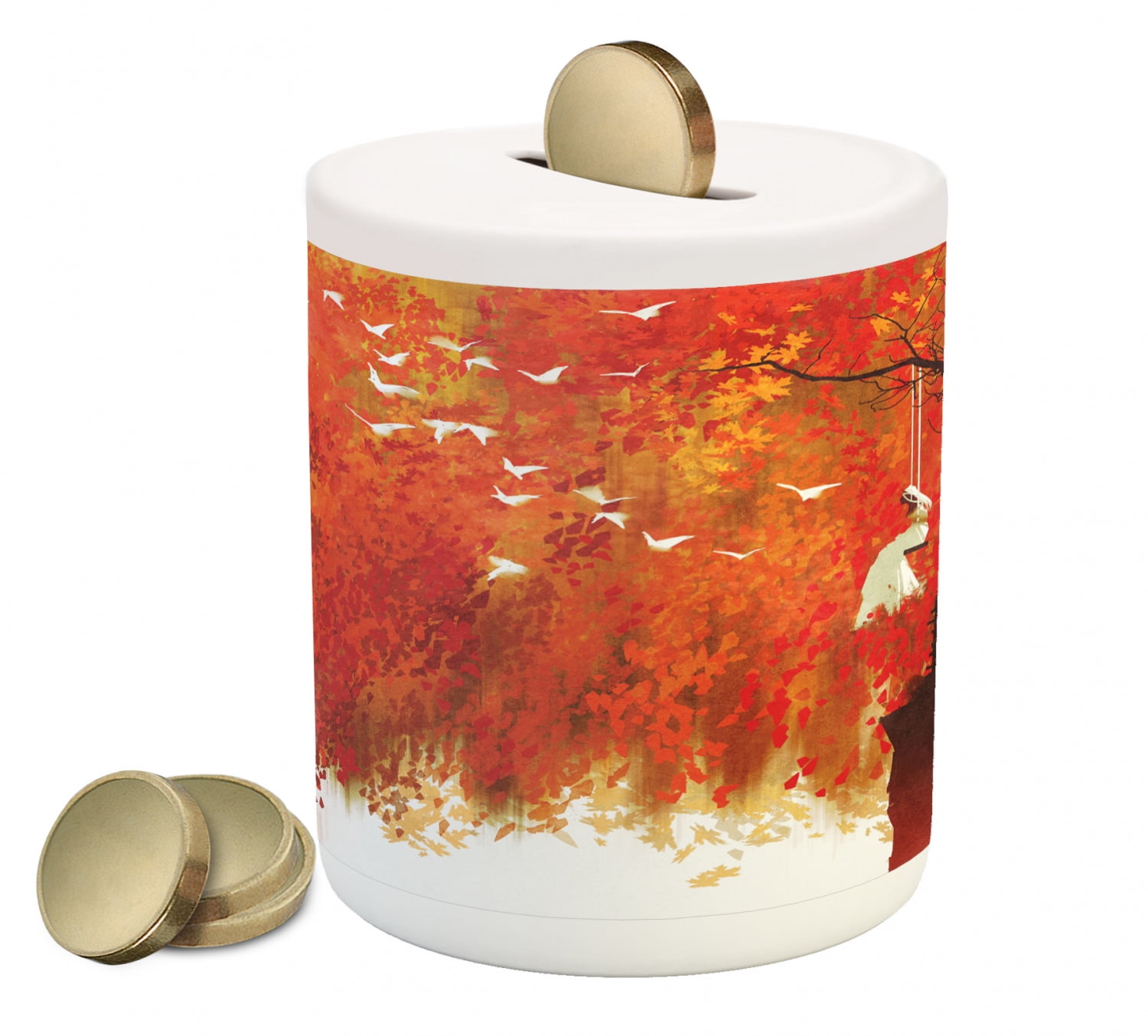 Fall Piggy Bank, Woman in White Dress Swinging Doves Under a Tree with ...