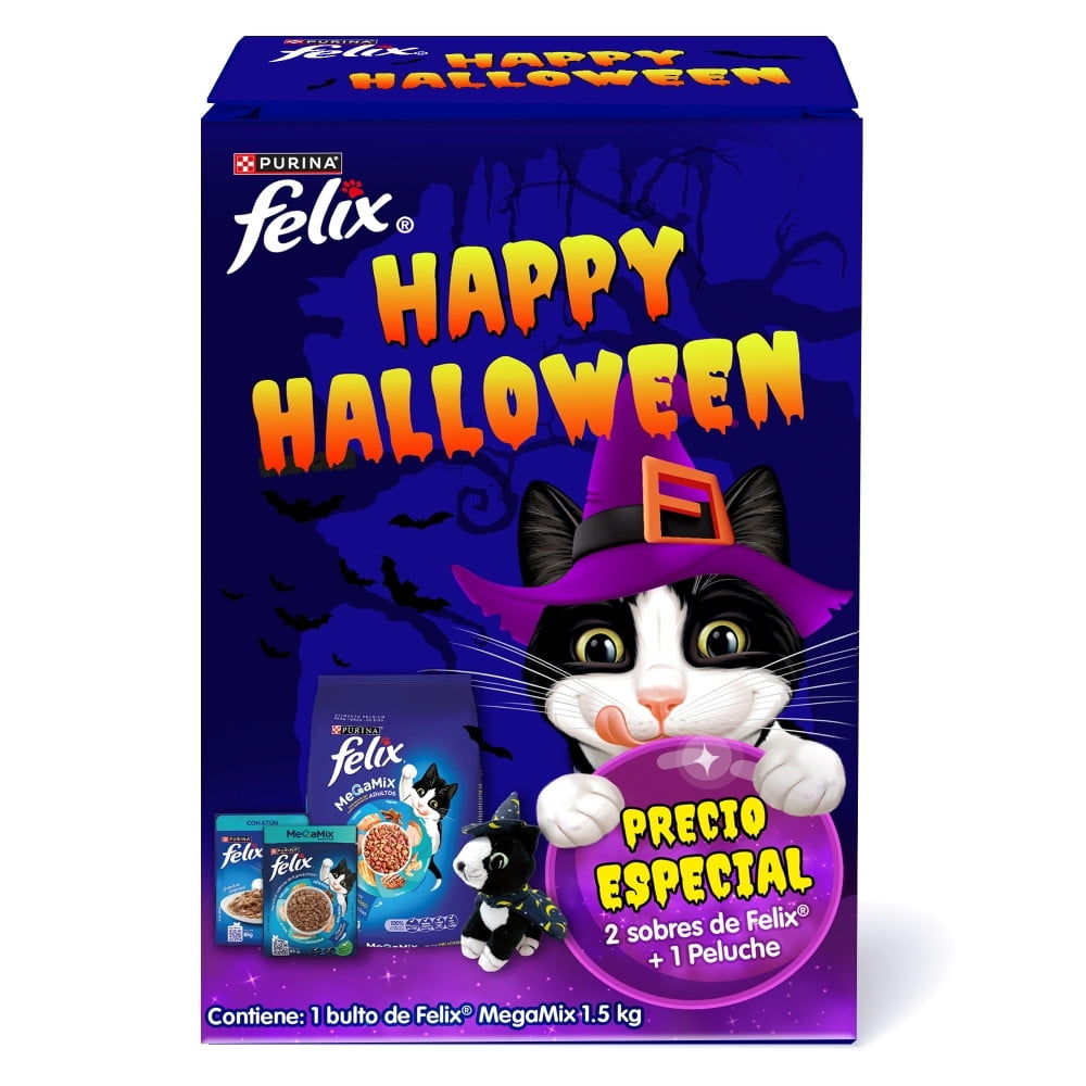 Kit para gato con alimento seco Purina Felix Happy Halloween Megamix ...