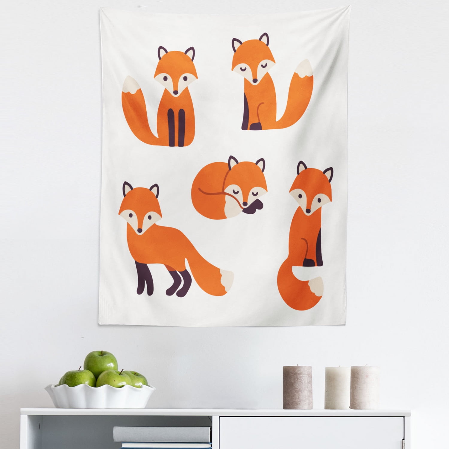Fox Tapestry, Cartoon Foxes in Modern Style Sitting and Sleeping on ...