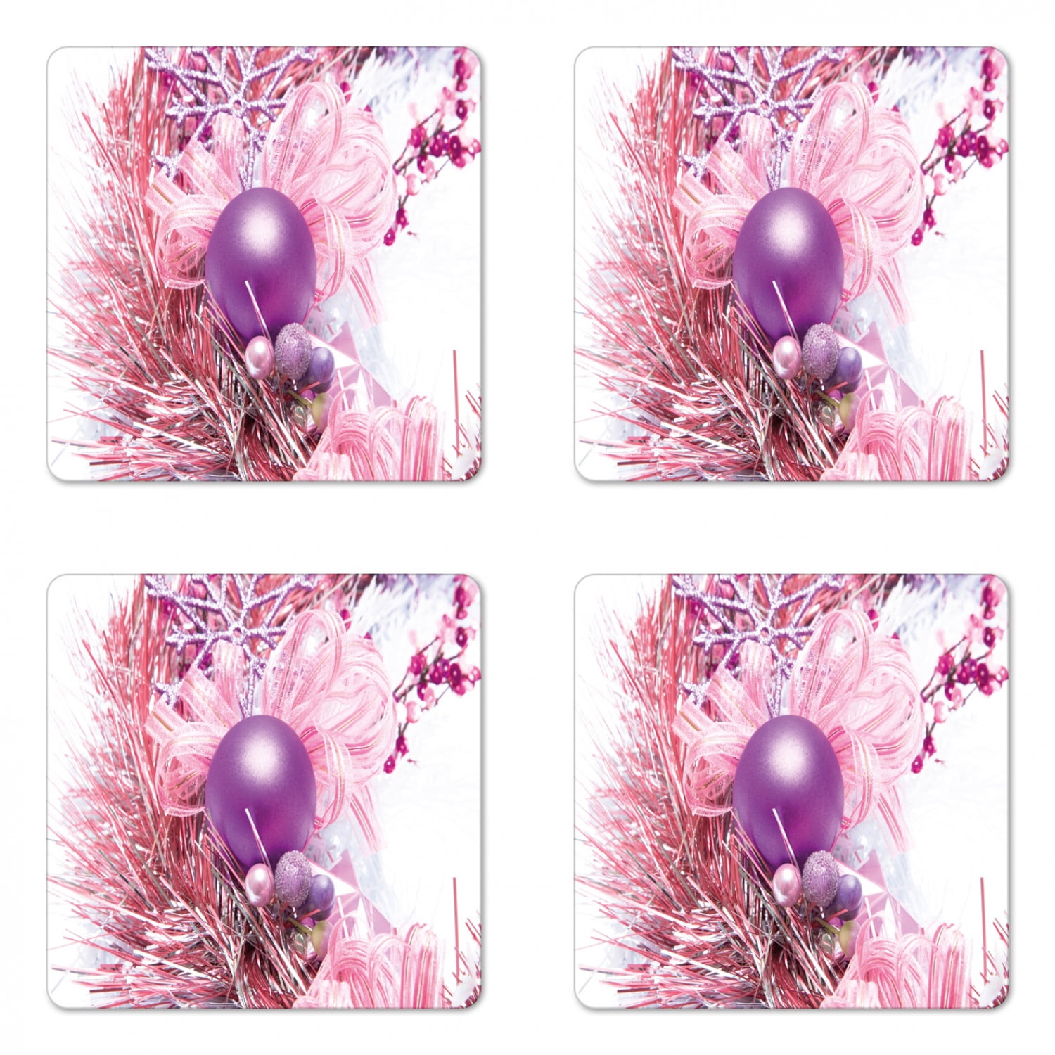 Christmas Coaster Set of 4, Close up View of Bells and Ribbon Bow ...