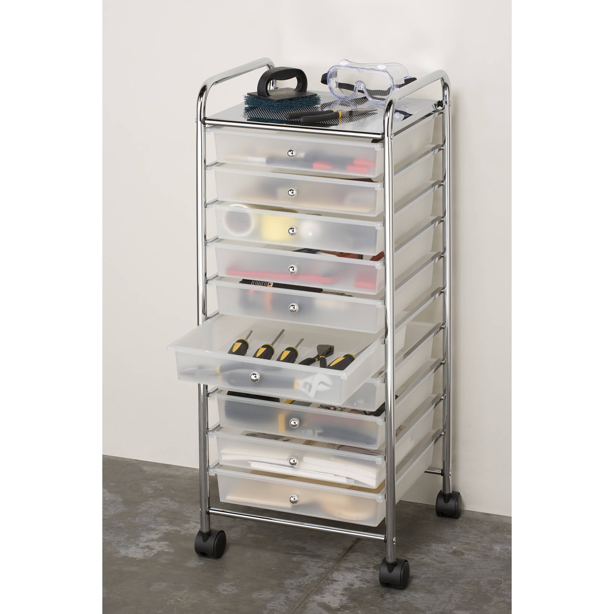 Large 10 Clear Drawer Organizer Storage Metal Rolling Cart Frosted