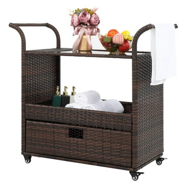 Best Choice Wicker Outdoor Bar Cart w/ Ice Bucket, Glass Top, Beverage ...