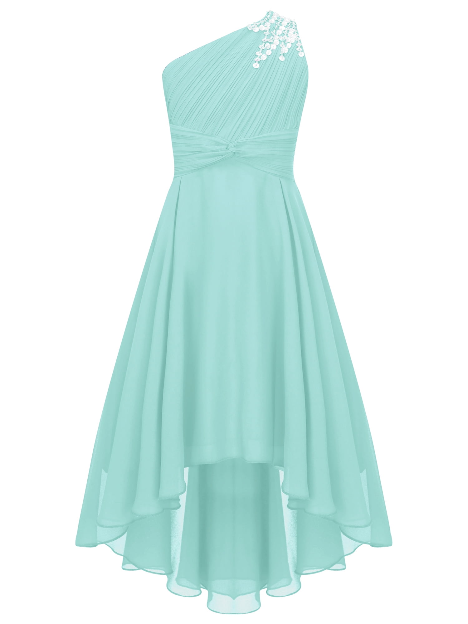 Yizyif Big Girls Shiny Beaded One Shoulder Evening Proms Dress High Low