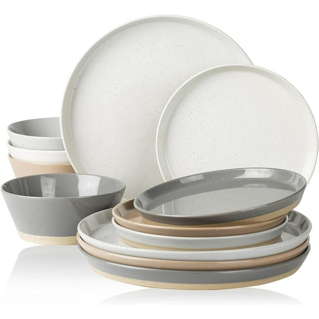 Famiware 12 Piece Speckle Dinnerware Set, Plates and Bowls for 4 ...