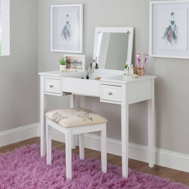 Contemporary Home Living 36 White Solid Vanity Set with Mirror and Upholstered Stool
