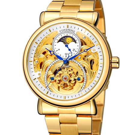 Kojooin Men Auto Mechanical Watch Skeleton Moon Dial Stainless Steel ...