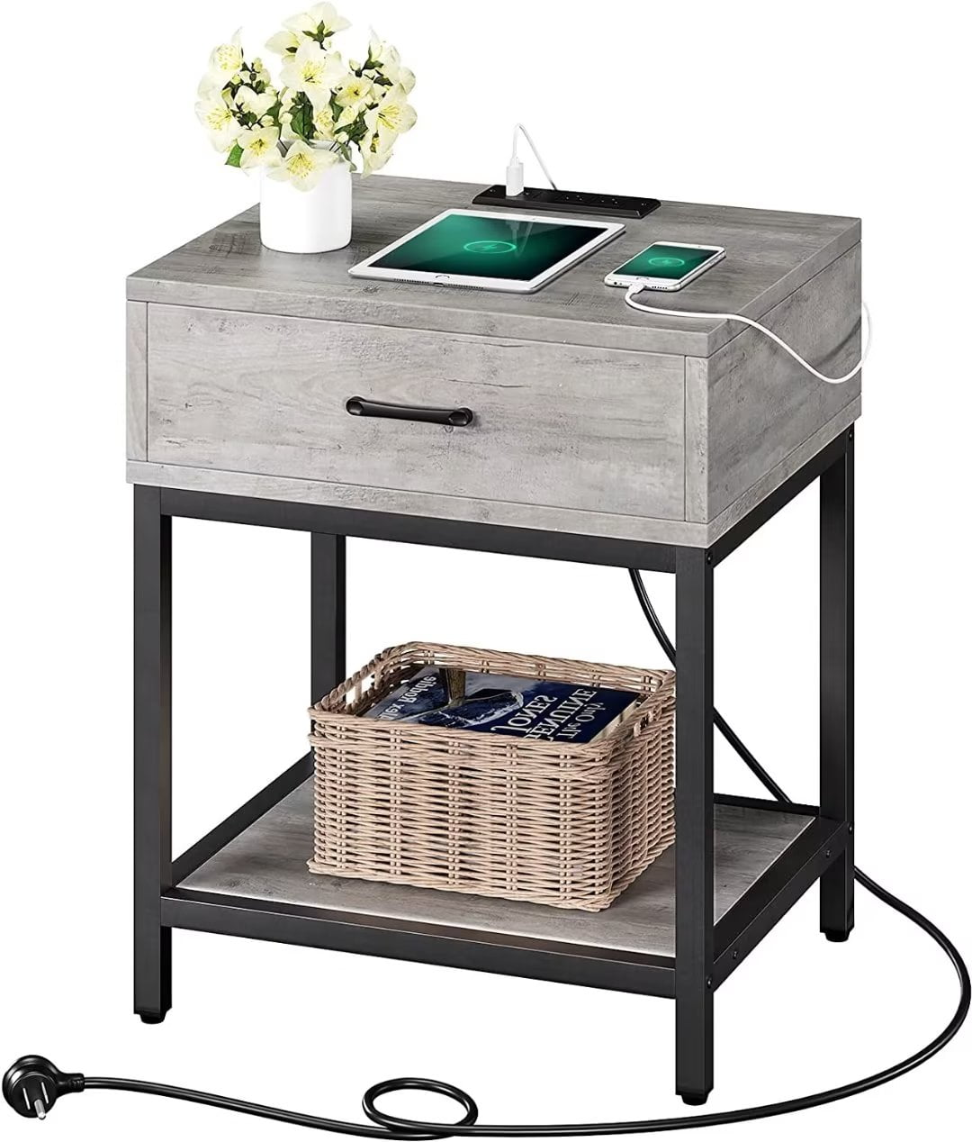 Simzone Nightstand-Bedside Table with Charging Station Type-C&USB Ports ...