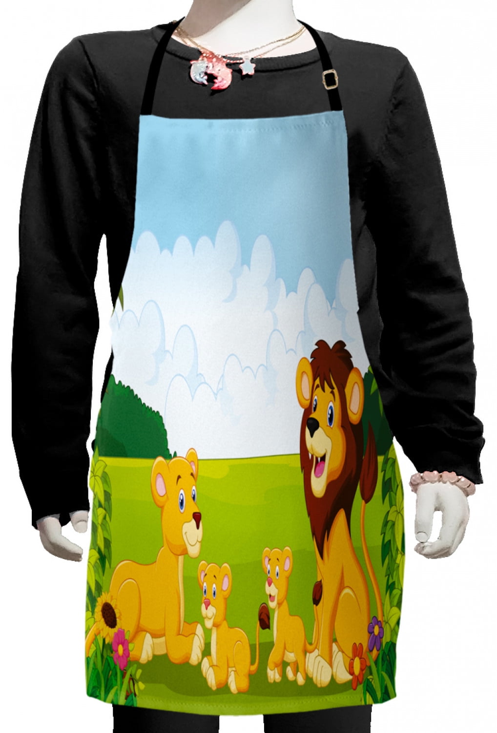 Nursery Kids Apron, Cartoon Style Lion Family in the Forest Africa ...