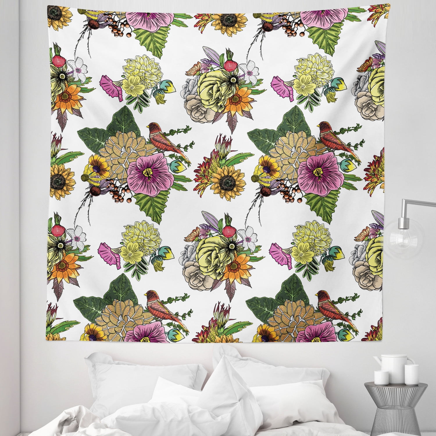 Botanical Tapestry, Roses Dahlia Hibiscus with Leaves and Sunflowers ...