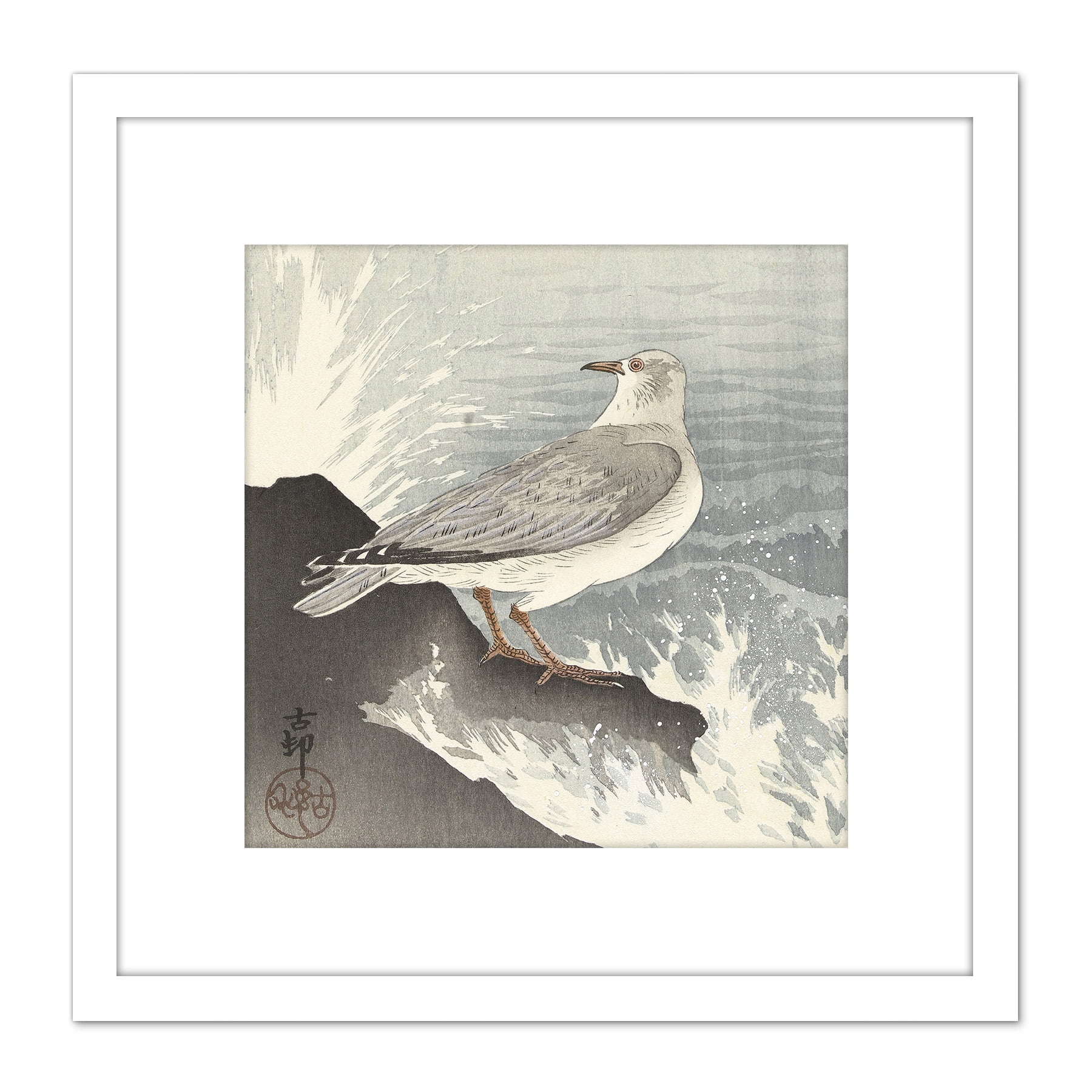 Ohara Koson Seagull On Rock Japanese Painting 8X8 Inch Square Wooden ...