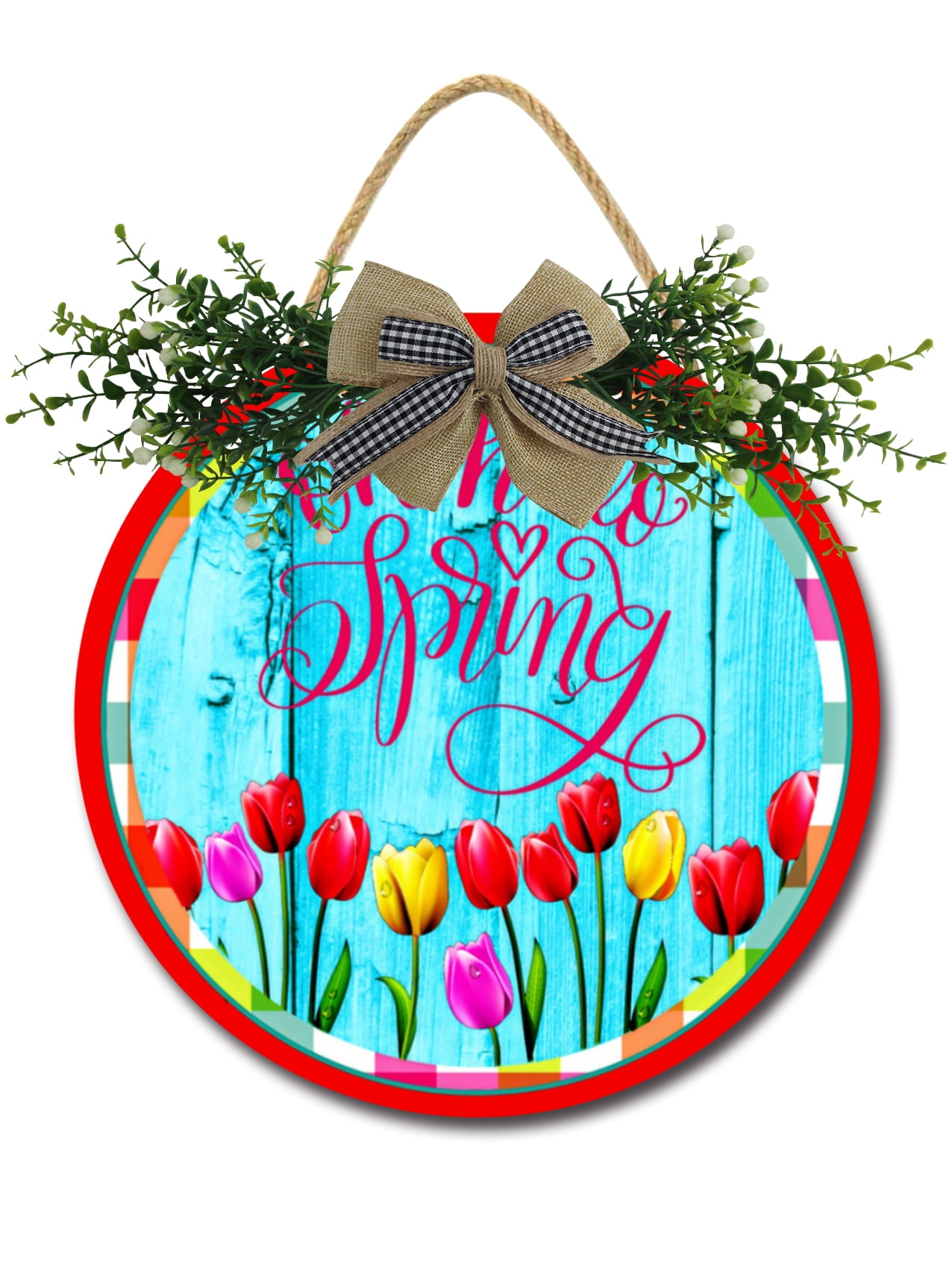 Oh Hello Spring Door Sign Home Decor Round Wood Wreaths Wall Hanging ...