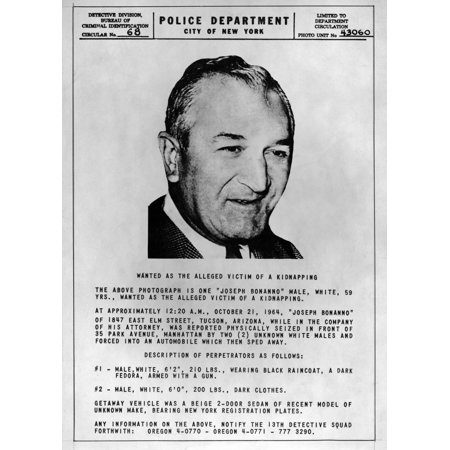 Joseph Bonanno (1905-2002) Wanted Poster Issued By The New York Police ...