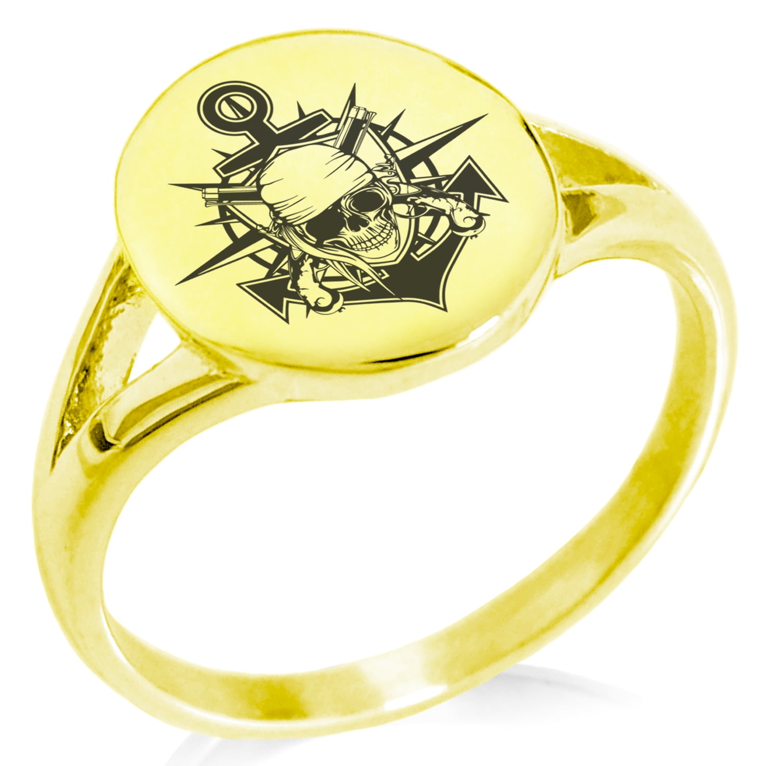 Stainless Steel Pirate Bandit Skull Anchor Minimalist Oval Top Polished ...