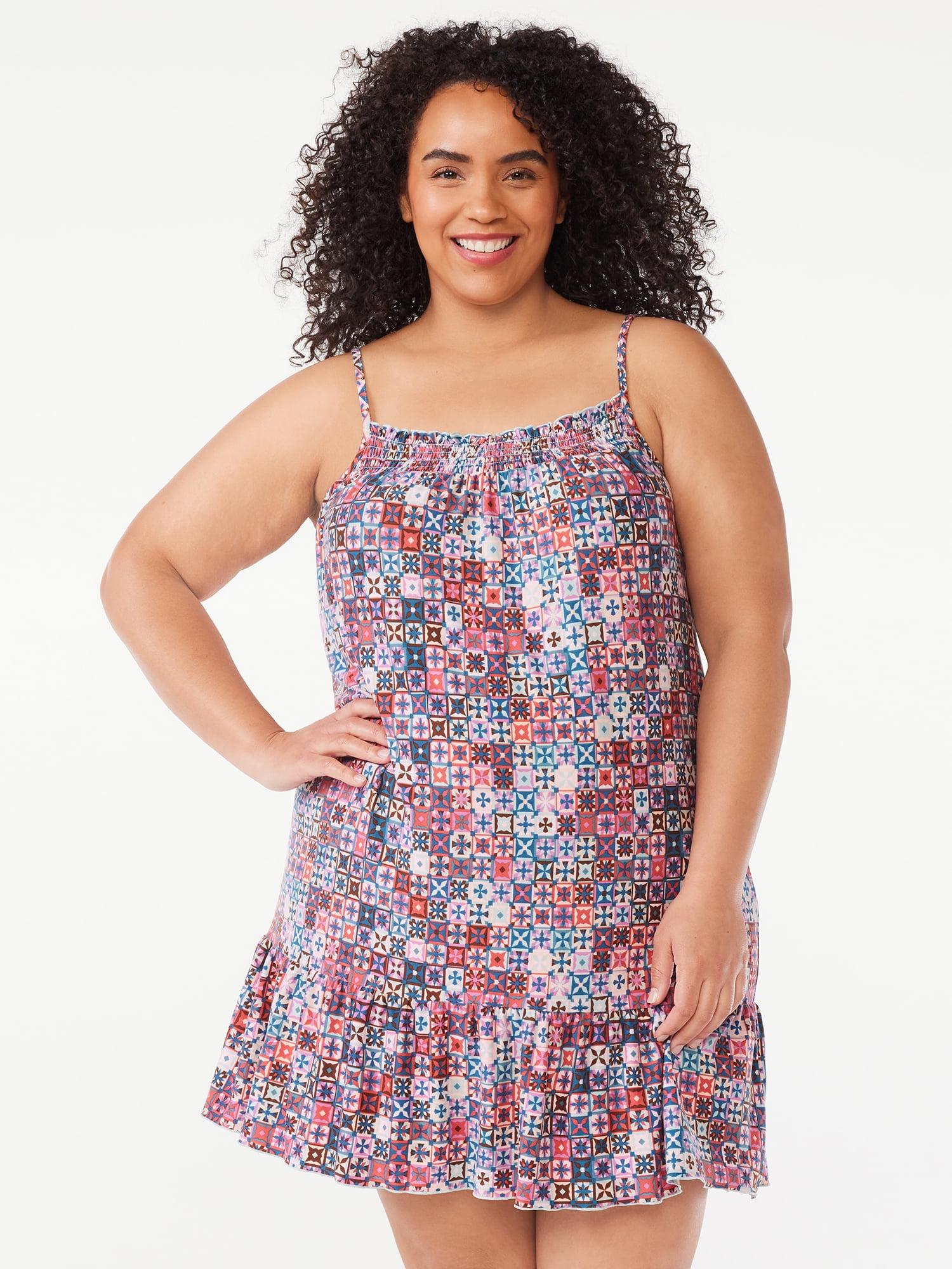 Joyspun Women's Knit Sleeveless Smocked Neck Chemise, Sizes S to 3X ...