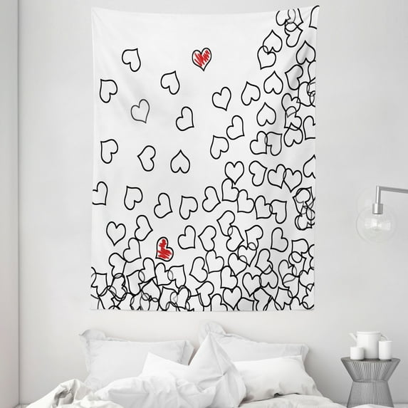 Black and White Tapestry, Heart Shapes Illustration Love You Bridal ...