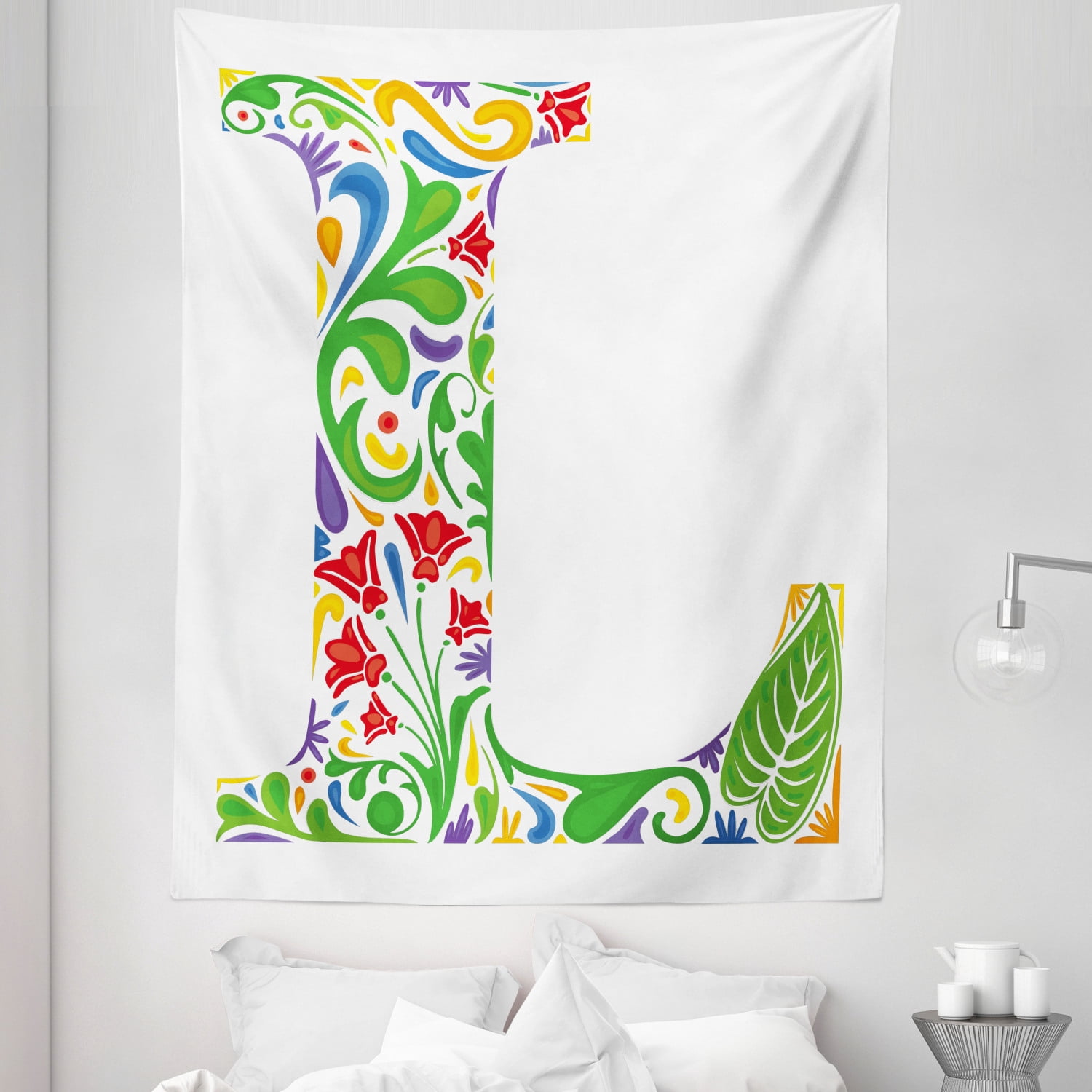 Letter L Tapestry, Vintage Composition with Leaf and Blossom in Lively ...