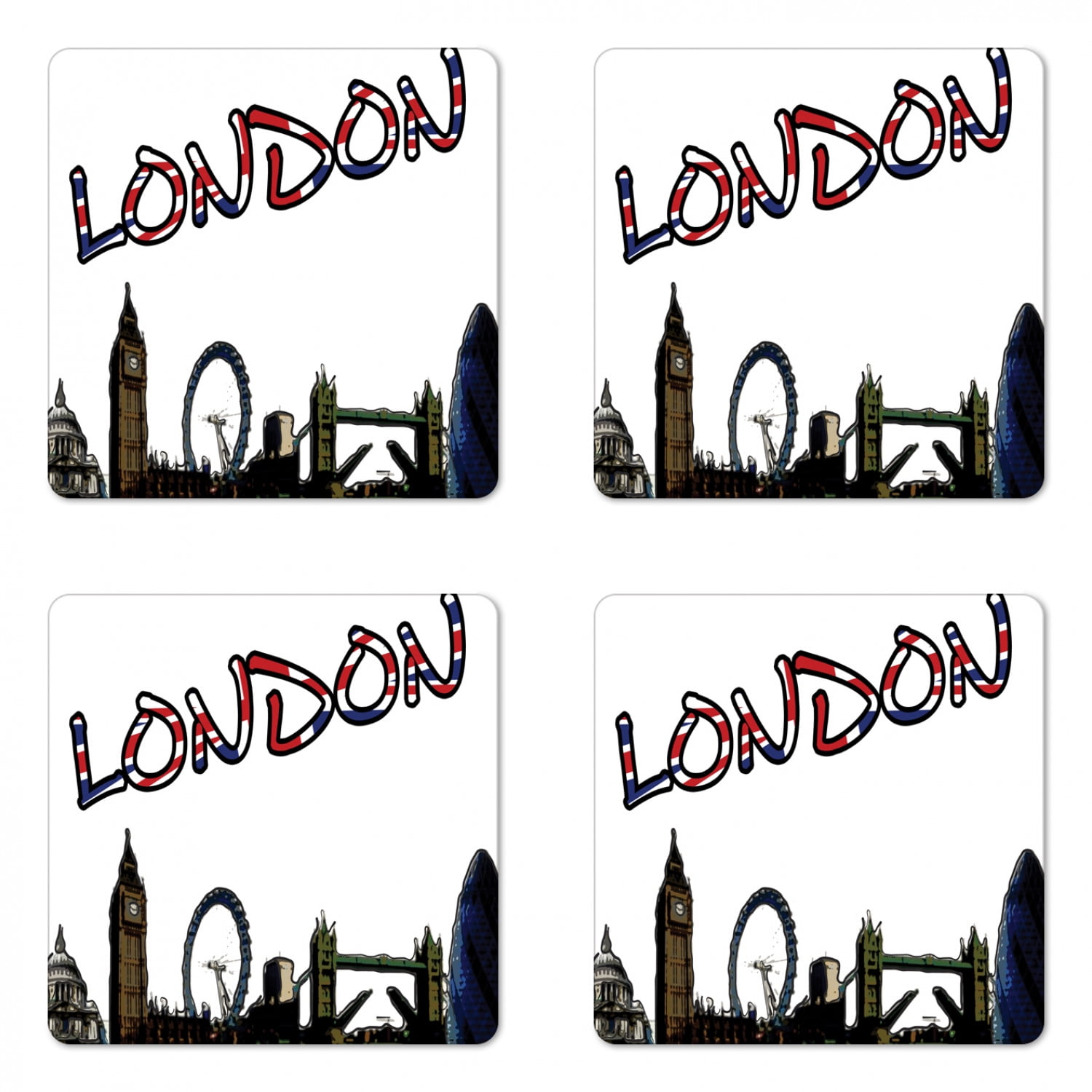 London Coaster Set of 4, Cartoon Drawing Style Famous Landmarks of ...