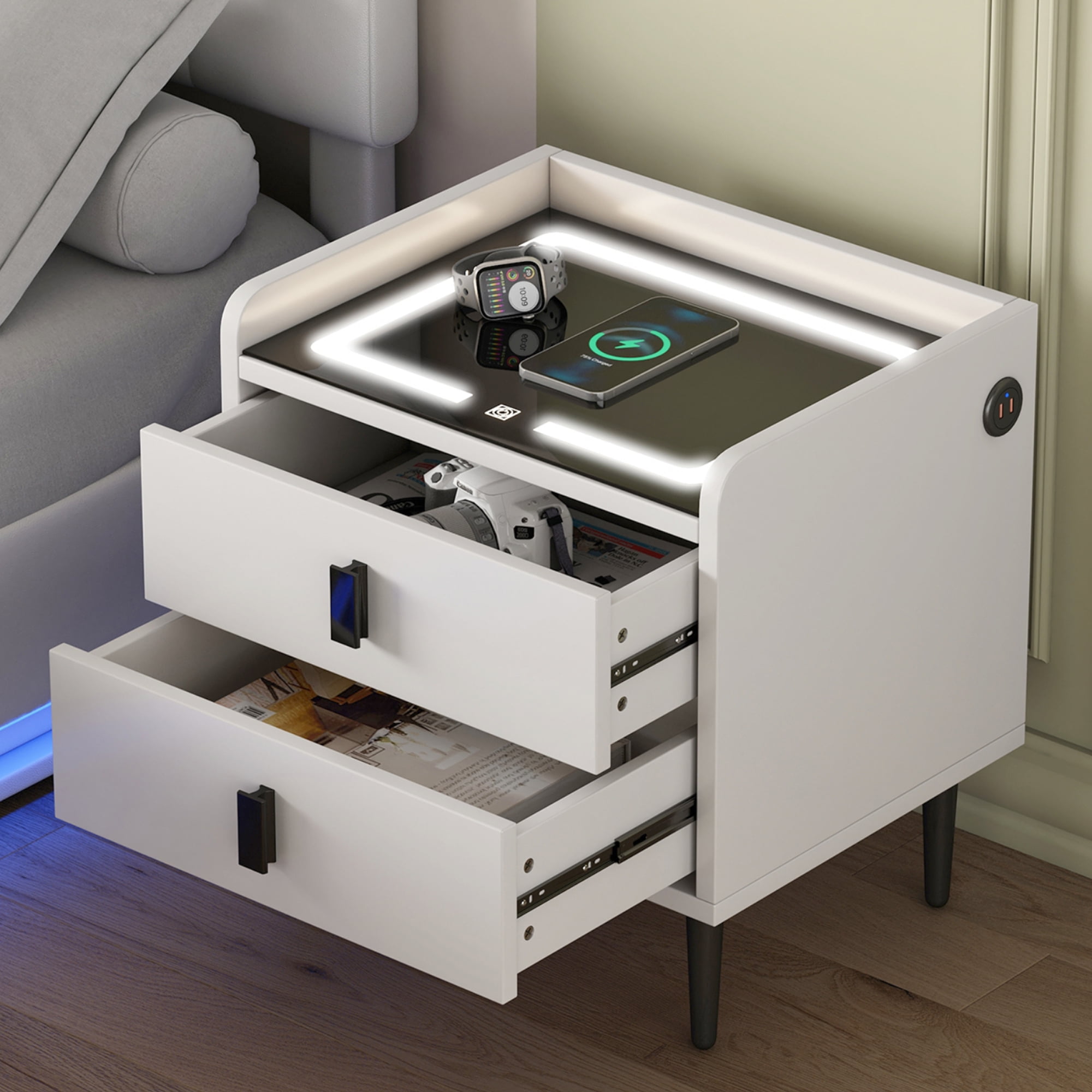 HSUNNS LED Nightstand with Wireless Charging Station, USB Charging, 2 ...