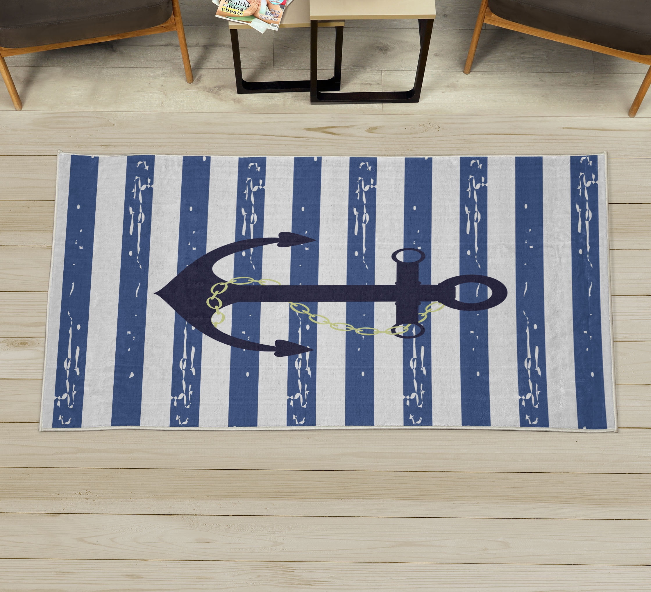 Striped Decorative Rug, Ship Anchor Chain Marine Life Inspired Lines ...