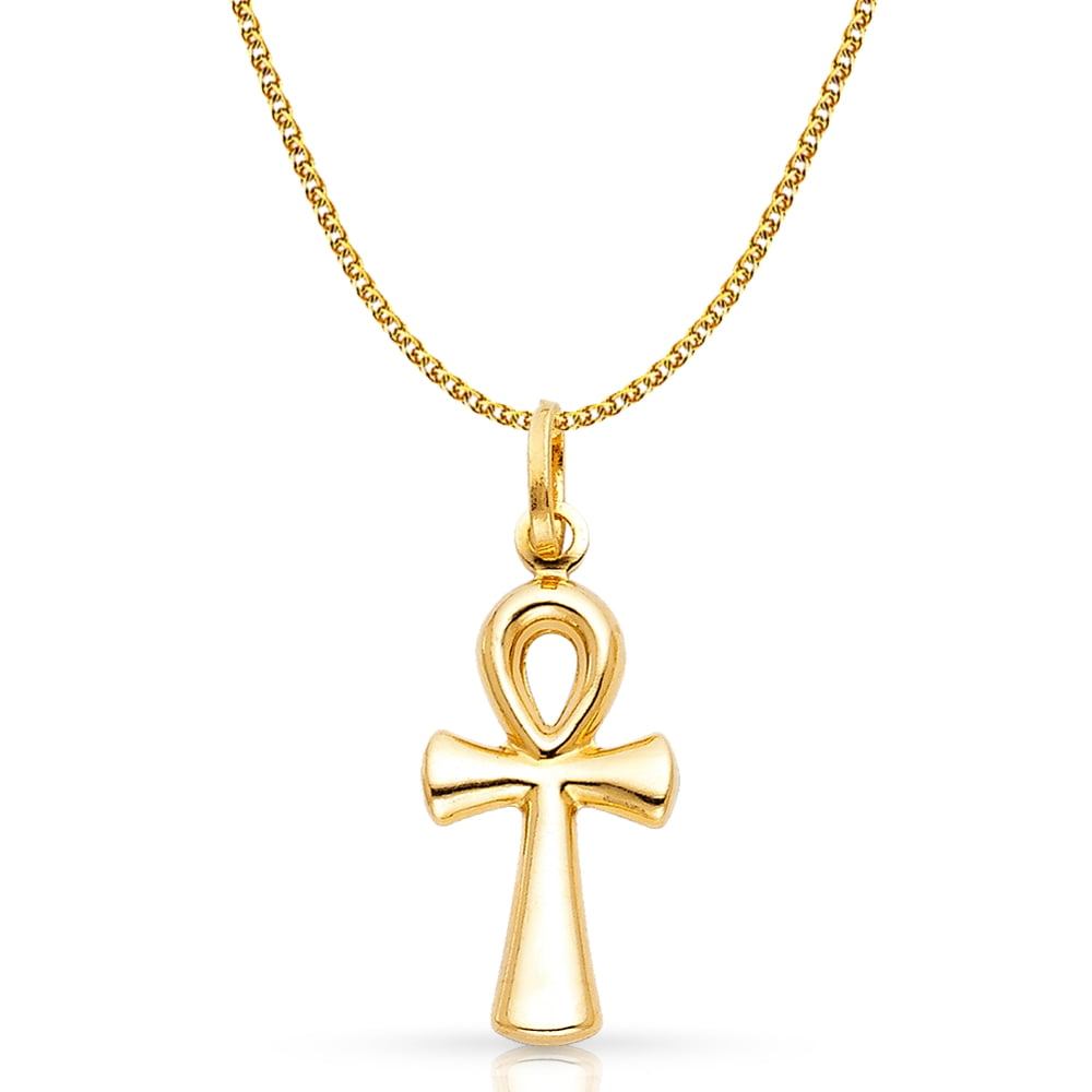 Ioka-14K Yellow Gold Egyptian Ankh Cross Pendant with 1.4mm Flat Open ...