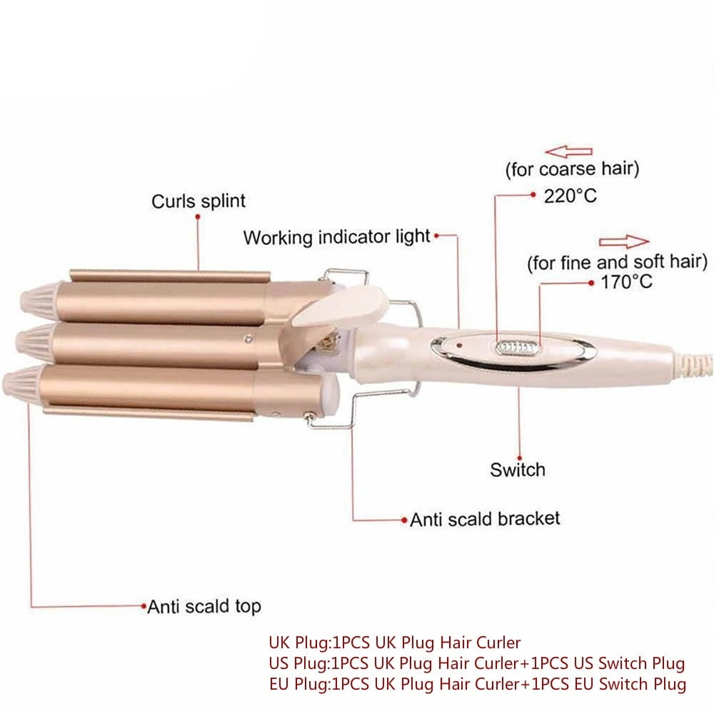 Buy Willstar New Triple Barrel Curling Iron Perm Splint Ceramic Hair Curler 3 Barrels Wave Hair ...