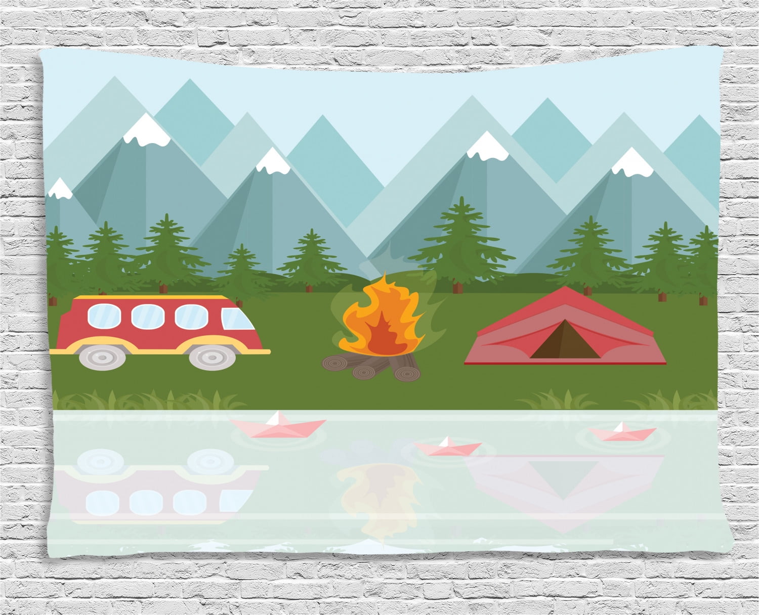 Camper Tapestry, Cartoon Tent Fire and Hippie Style Caravan in the ...