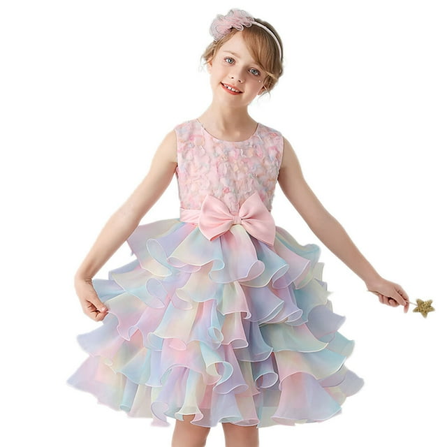Girls Rainbow Dress Flower Sleeveless Dresses Princess Tulle Sundress ...