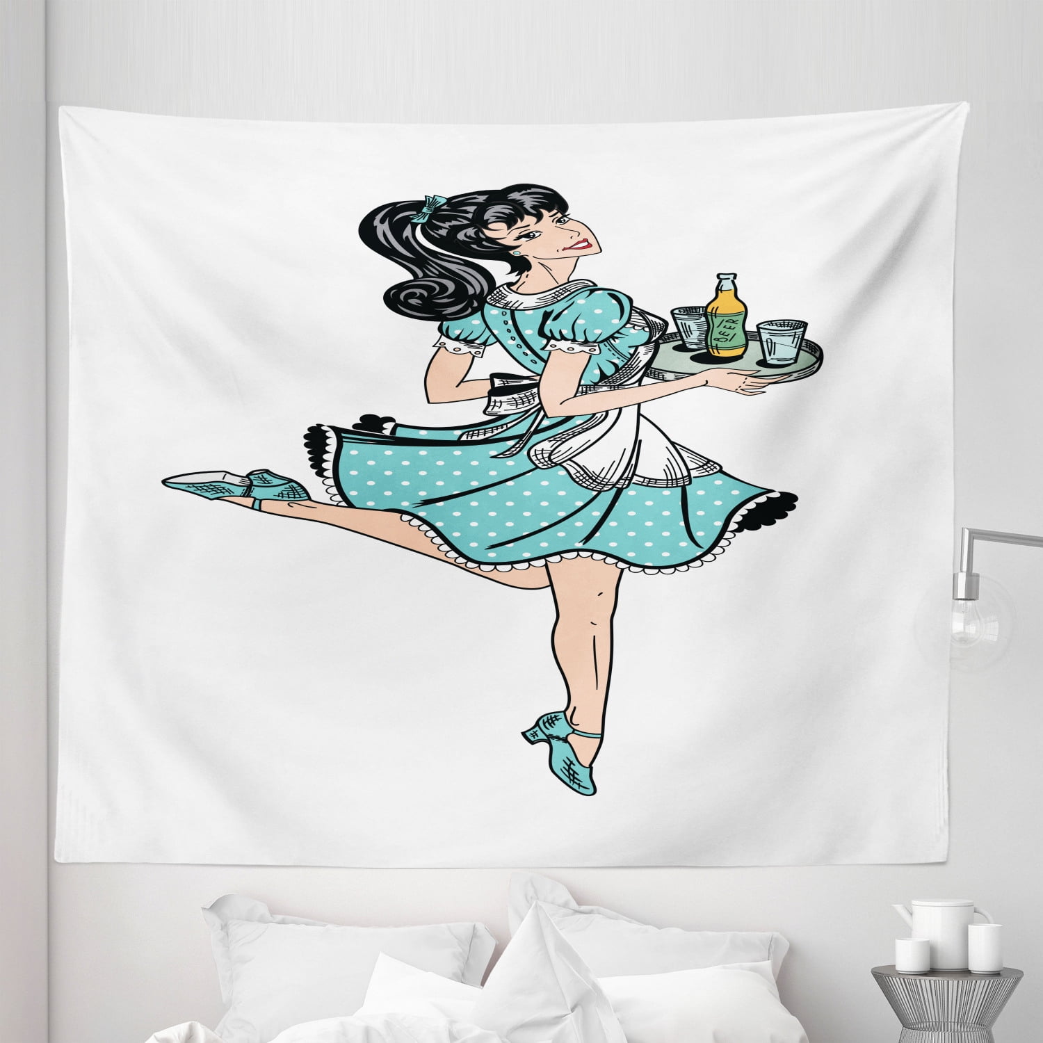 Pin up Girl Tapestry, Pony Tail Haired Waitress in Polka Dot Dress ...