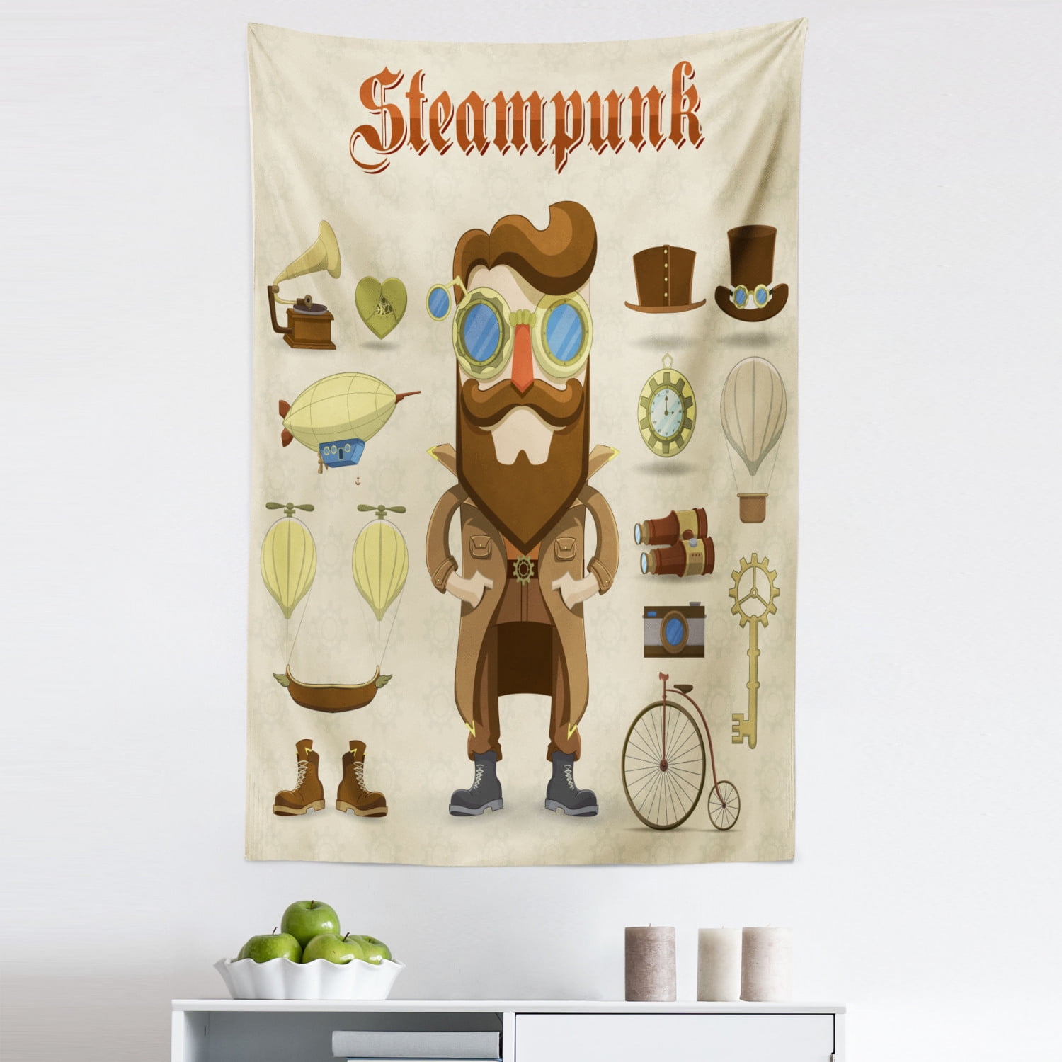 Steampunk Tapestry, Cartoon Style Male Character and Vintage Mechanical ...