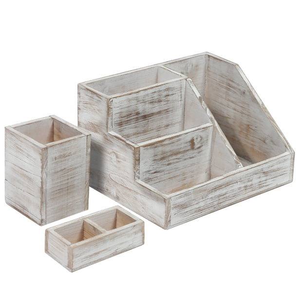 BizChair 3 PIECE Whitewashed Wooden Desk Organizer Set- Rustic Mail ...